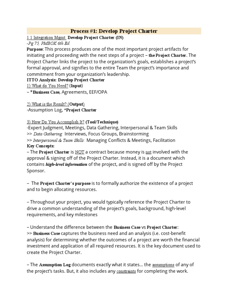 Process #1: Develop Project Charter: - PG 75, PMBOK 6th Ed | PDF ...