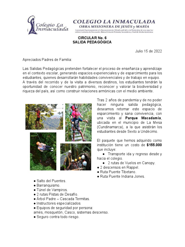 Salida Pedagógica al Parque Macadamia | PDF