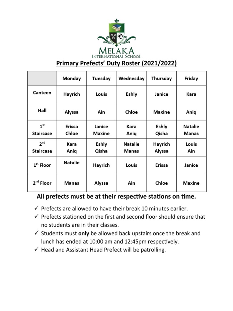 Primary Prefects Duty Rosters | PDF