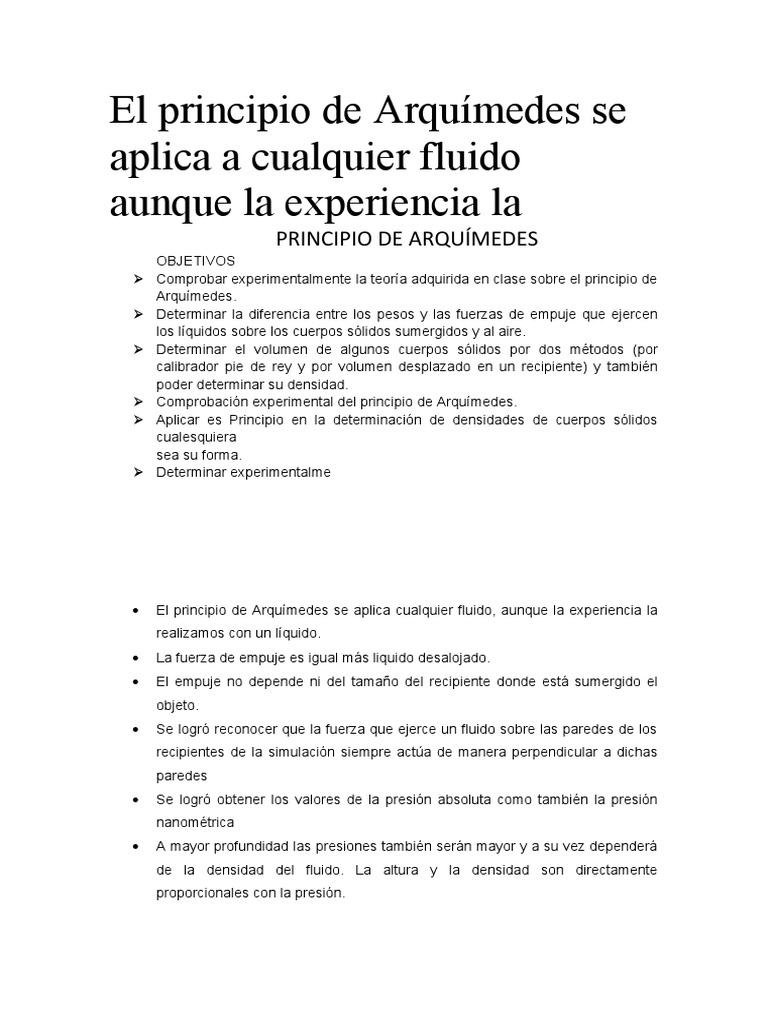 El Principio de Arquímedes Se Aplica A Cualquier Fluido Aunque La ...