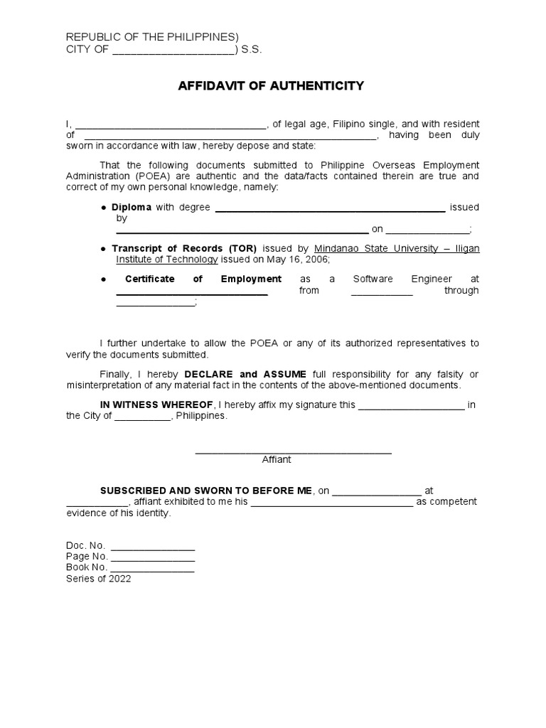 Affidavit of Authenticity Sample | PDF | Social Science