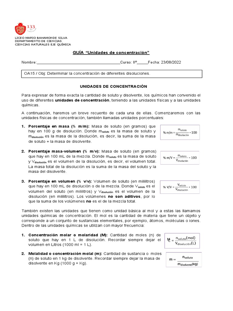 Unidades De Concentración Guía Sobre Porcentajes Molaridad Molalidad