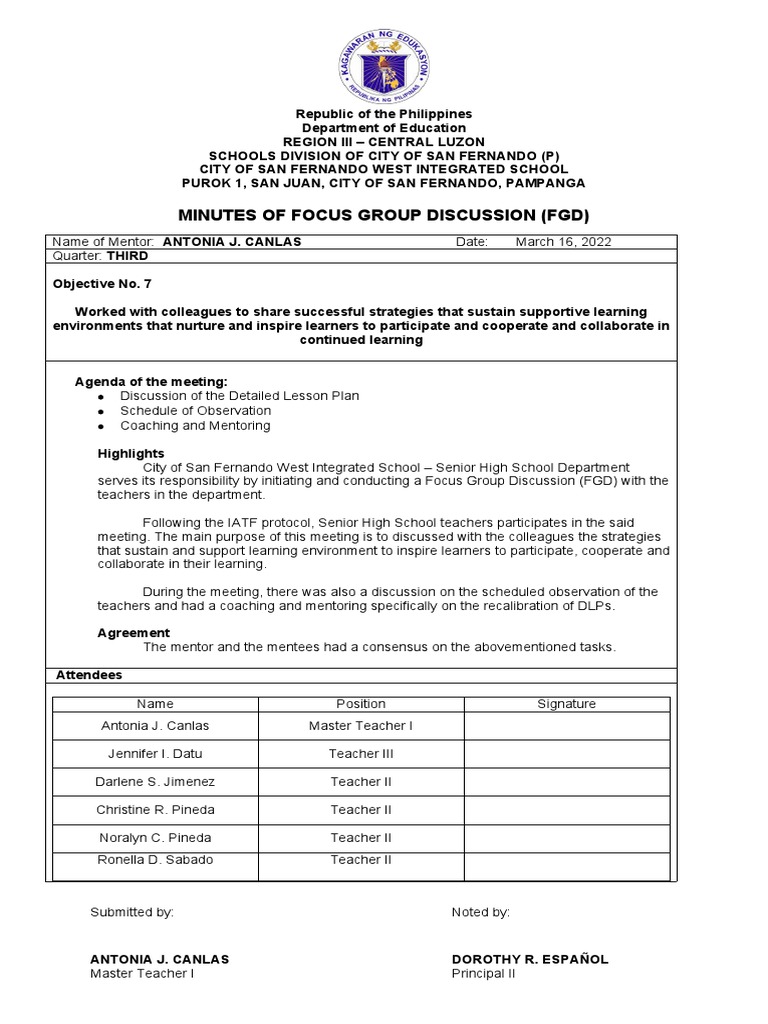 SF West Integrated School FGD Minutes | PDF | Mentorship | Change