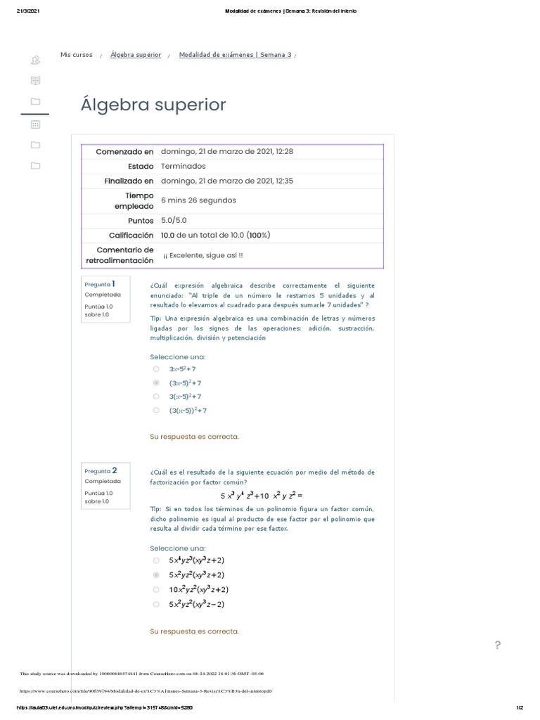 Modalidad de Ex Menes Semana 3 Revisi N Del Intento PDF | PDF | Factorización | Álgebra abstracta