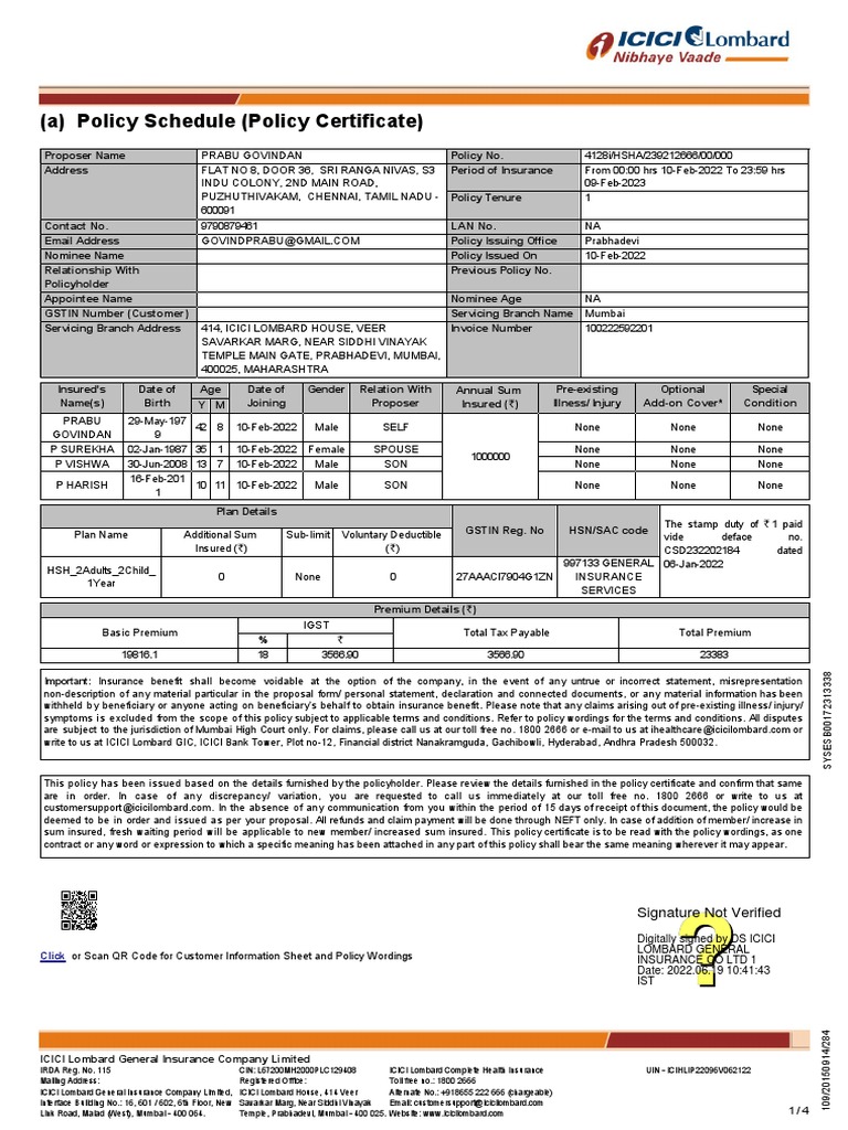 (A) Policy Schedule (Policy Certificate) : Policyall 5 5 4 4 | Download ...