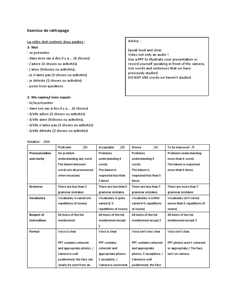 French Rubric, Presentation Exercise | PDF | Language Mechanics ...