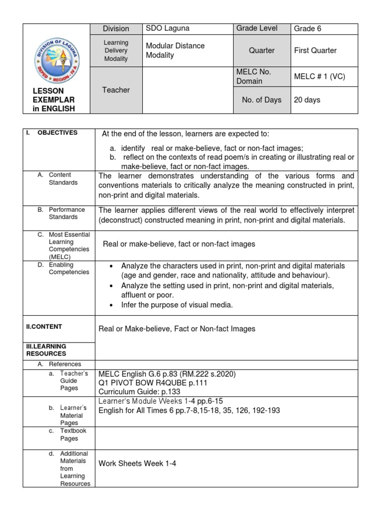 English 6-LE - MDL MELC-1 | PDF | Image | Books