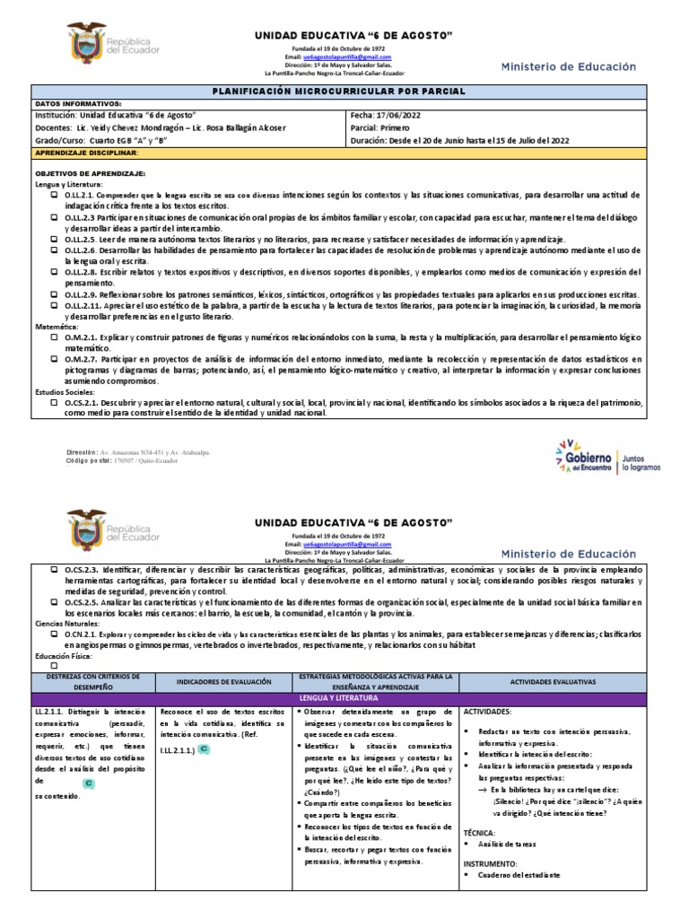 Ejemplo de Planificación 4to A-B PLANIFICACION | PDF | Comunicación | Pensamiento