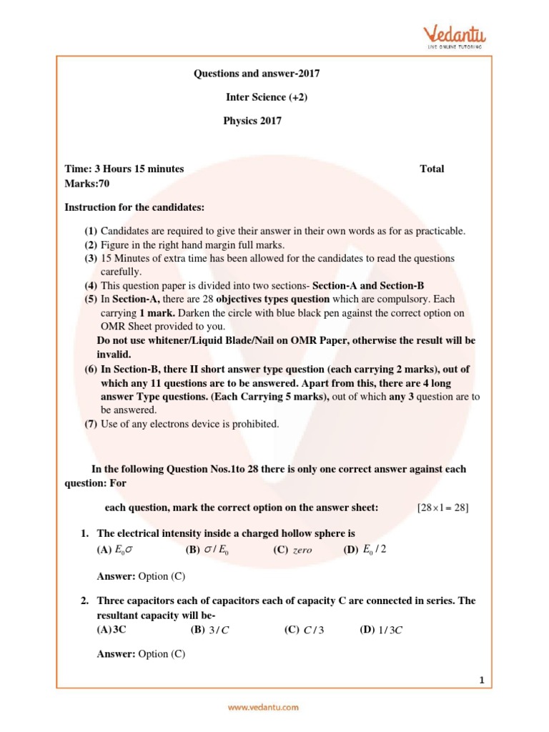 Bihar Board Bseb Physics Class 12 Question Paper 2017 Pdf Diode