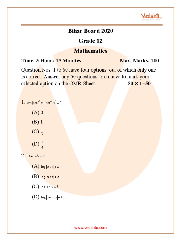 BSEB Class 12 Maths Question Paper 2020 | PDF | Trigonometric Functions ...