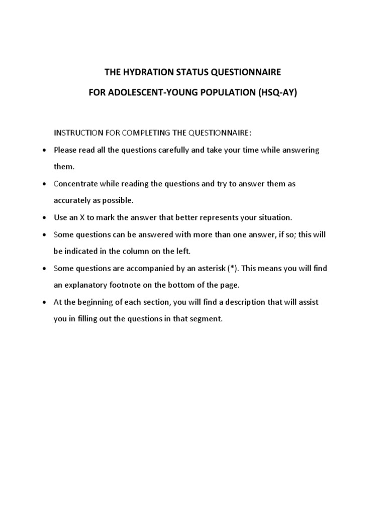 The Hydration Status Questionnaire For Adolescent-Young Population (Hsq ...