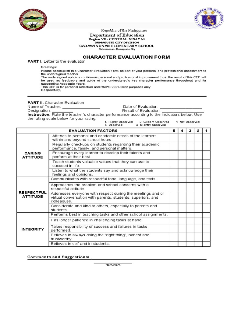 Character Evaluation Form: Department of Education | PDF | Teachers ...