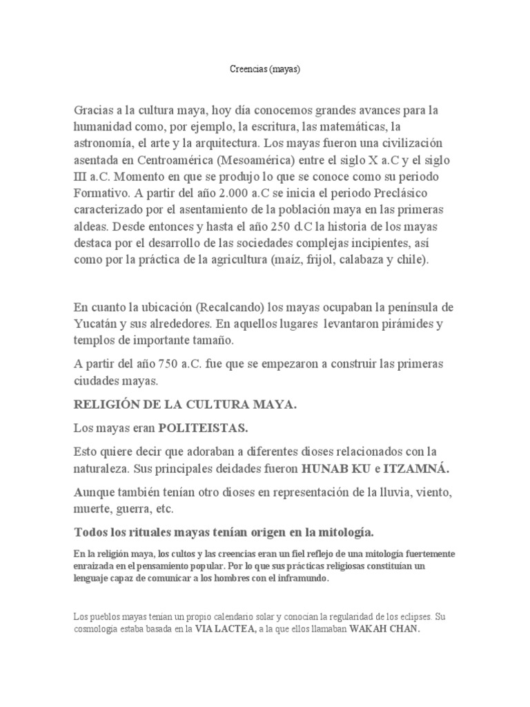 Creencias de Los Mayas MAYAS | PDF | Civilización maya | Antropología ...