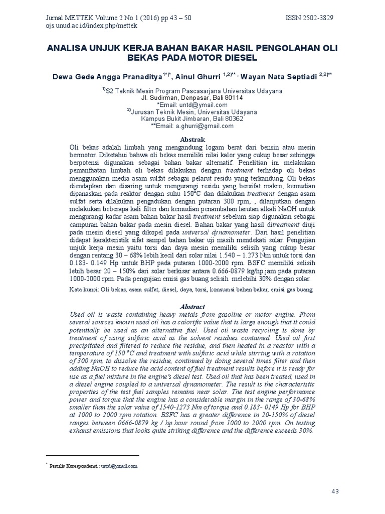 ANALISA UNJUK KERJA BAHAN BAKAR HASIL PENGOLAHAN OLI Bekas | PDF