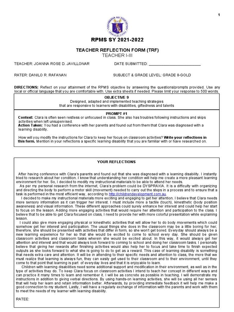 RPMS SY 2021-2022: Teacher Reflection Form (TRF) | PDF | Attention ...