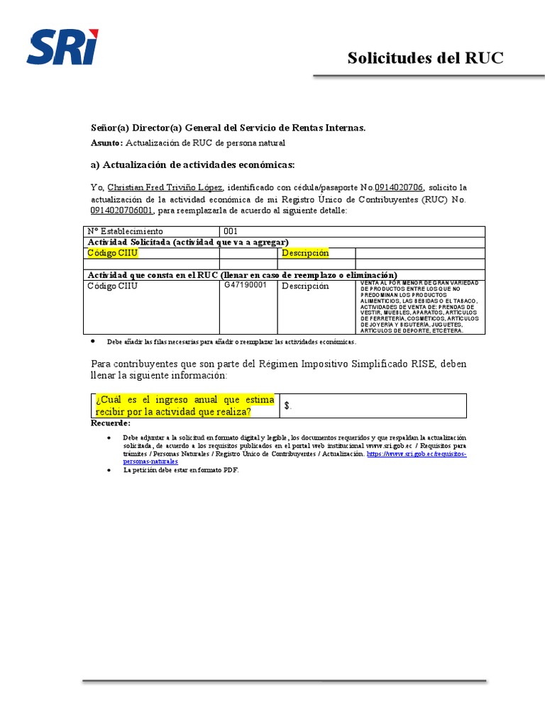 Formato Solicitudes RUC Actualización - Personas Naturales | PDF