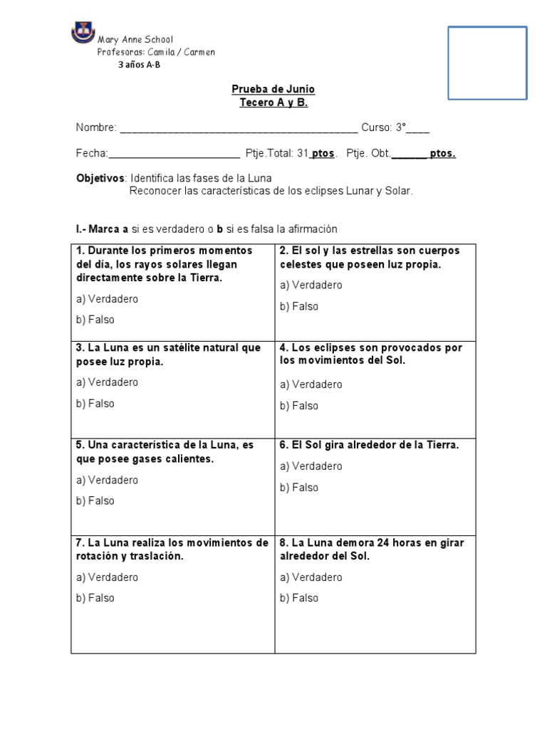 EVALUACION FASES LUNARES Y ECLIPSES 3° BÁSICO (Recuperado) | PDF | Luna | Dom
