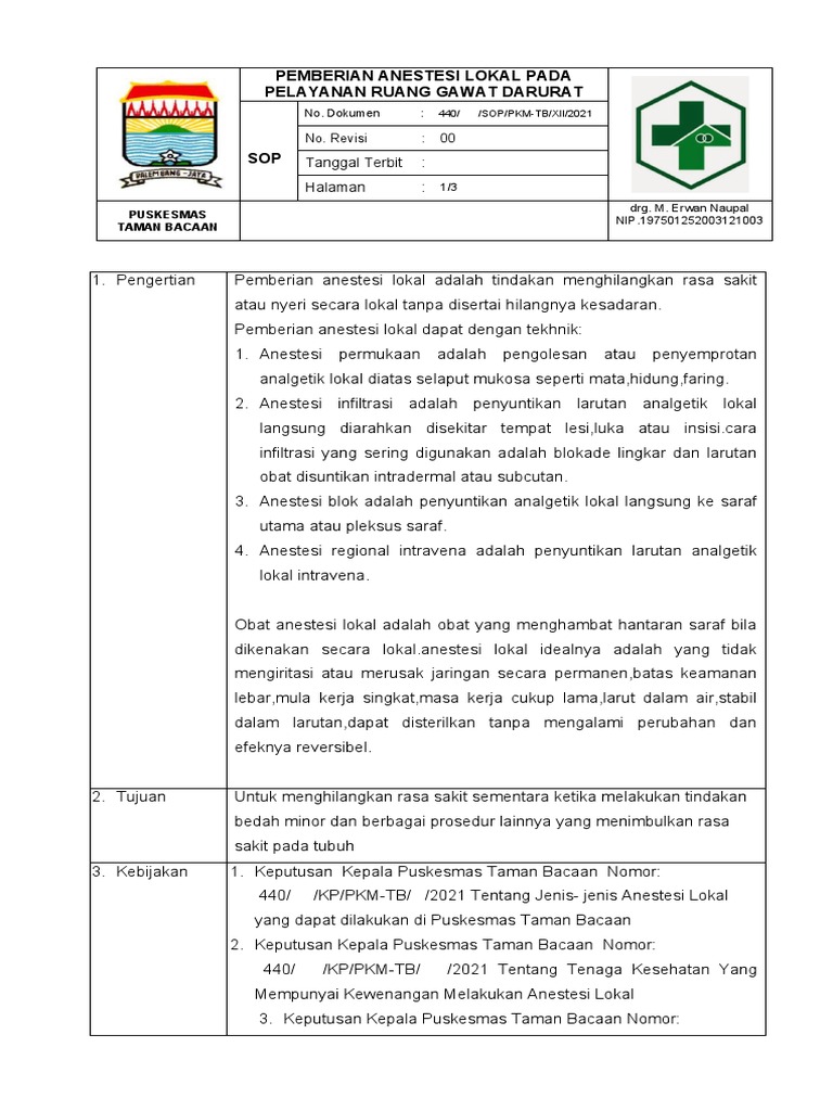 Sop Pemberian Anastesi Lokal Pada Pelayanan Ruang Gawat Darurat | PDF
