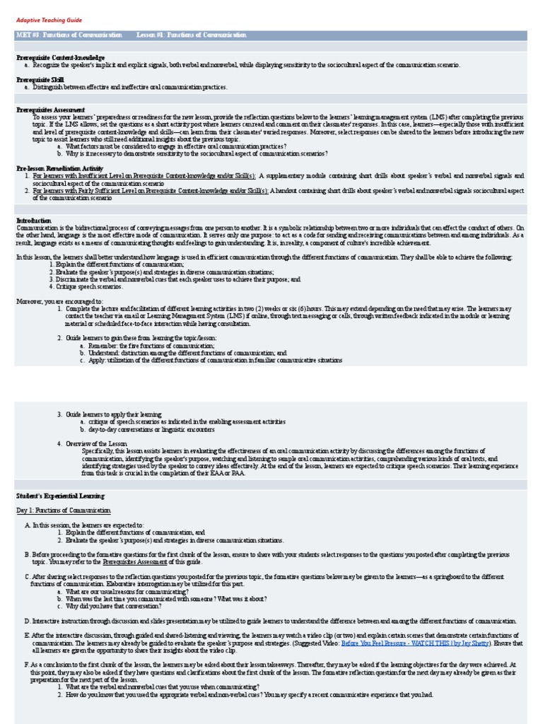 DETAILED MET3 - LESSON1 Adaptive Teaching Guide | PDF | Communication ...