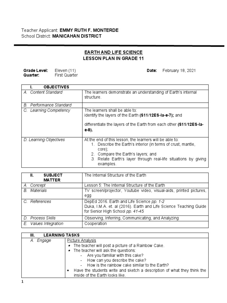 Earth and Life Science Grade-11-Lesson Plan | PDF | Plate Tectonics ...