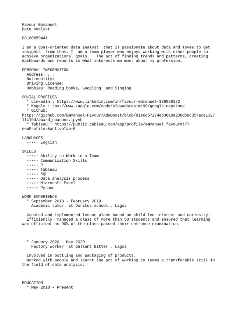 Favour Emmanuel - Resume - Data Analyst | PDF | Data Analysis | Analytics