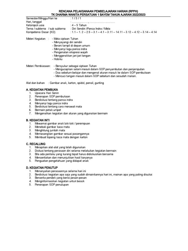 RPPH TK-A SMT 1 Minggu - 03 - Panca Indra | PDF