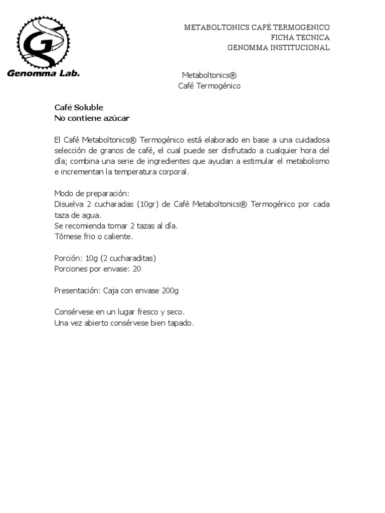 Genomma Lab Metaboltonics Cafe Ficha Tecnica | PDF