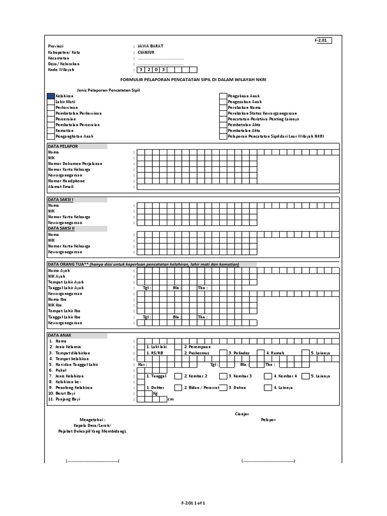 F2.01 Formulir Pendaftaran Akta Lahir | PDF