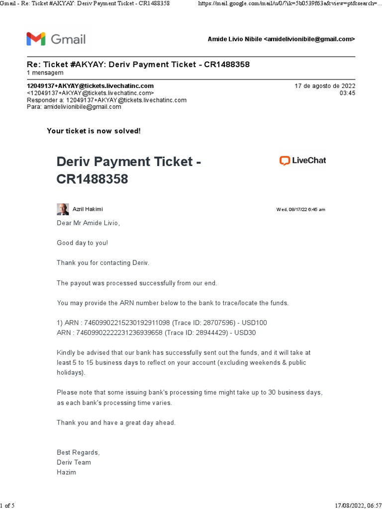 Re: Ticket #AKYAY: Deriv Payment Ticket - CR1488358 | PDF | Money