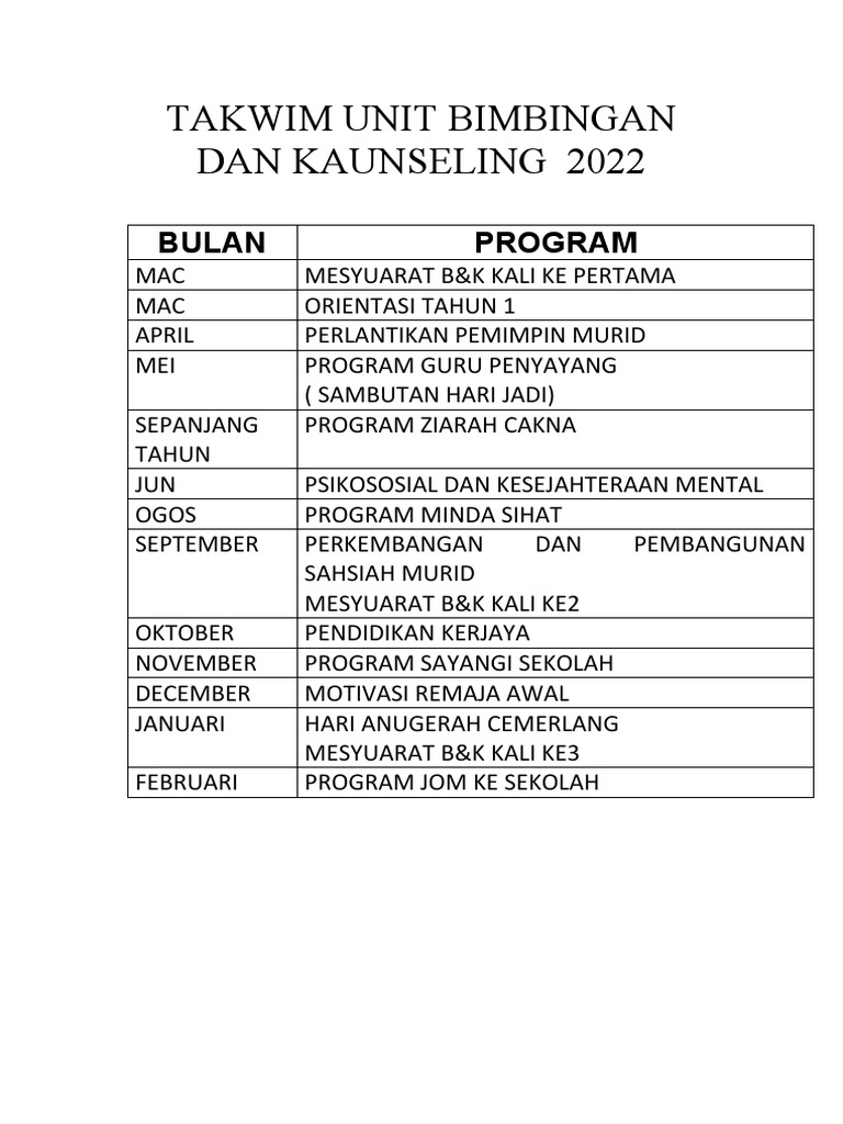 Takwim Unit Bimbingan Dan Kaunseling 2022 | PDF