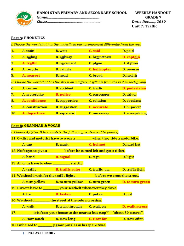 (Week 1) Key - Grade 7 Weekly Worksheet | PDF | Traffic | Traffic ...
