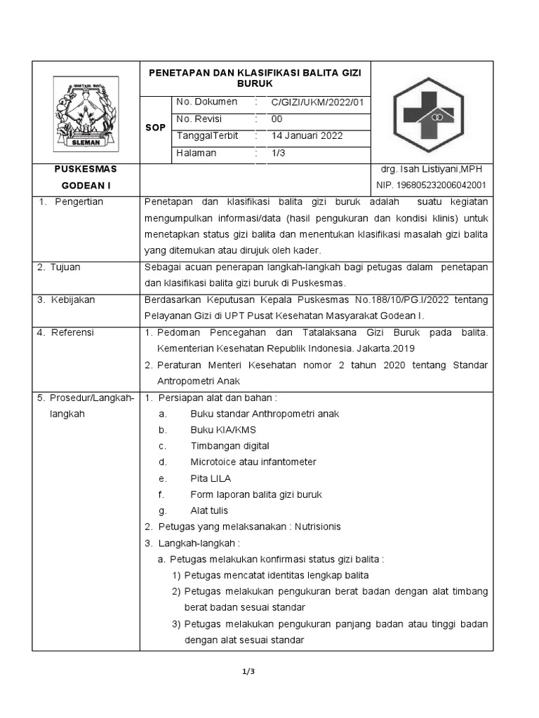 SOP Penetapan Dan Klasifikasi Balita Gizi Buruk | PDF