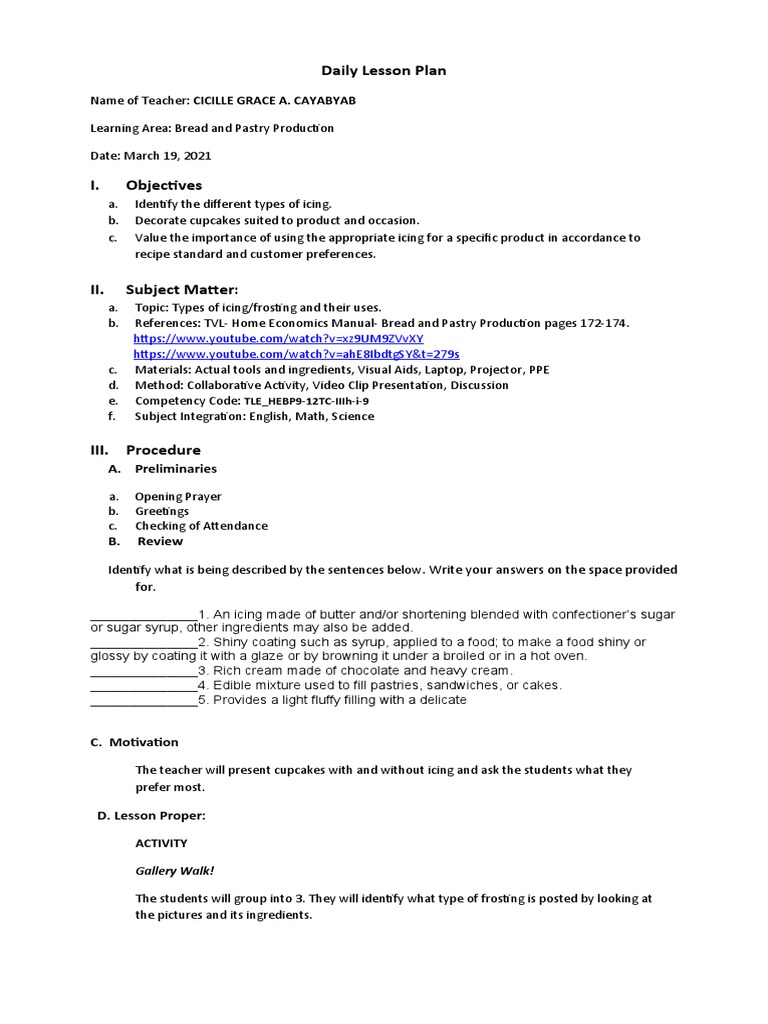 Daily Lesson Plan: A. Preliminaries | PDF | Icing (Food) | Cakes