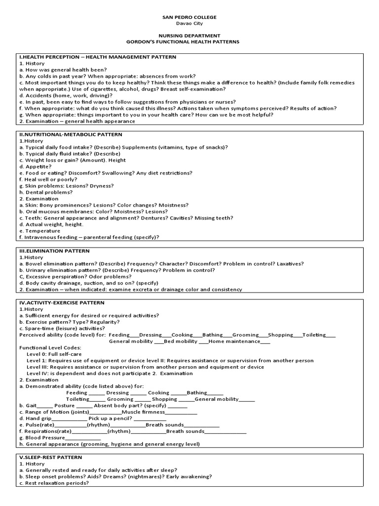 San Pedro College Nursing Department Gordon'S Functional Health ...