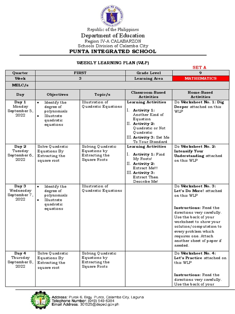 Department of Education: Punta Integrated School | PDF | Quadratic ...