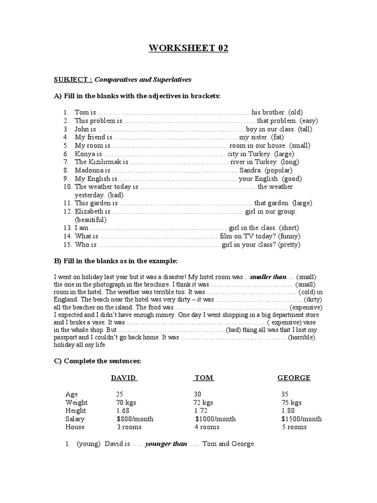 Worksheet 02: SUBJECT: Comparatives and Superlatives A) Fill in The ...