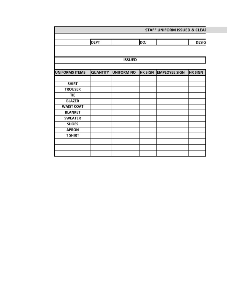 Dept DOJ Designation: Staff Uniform Issued & Clearance Form | PDF ...