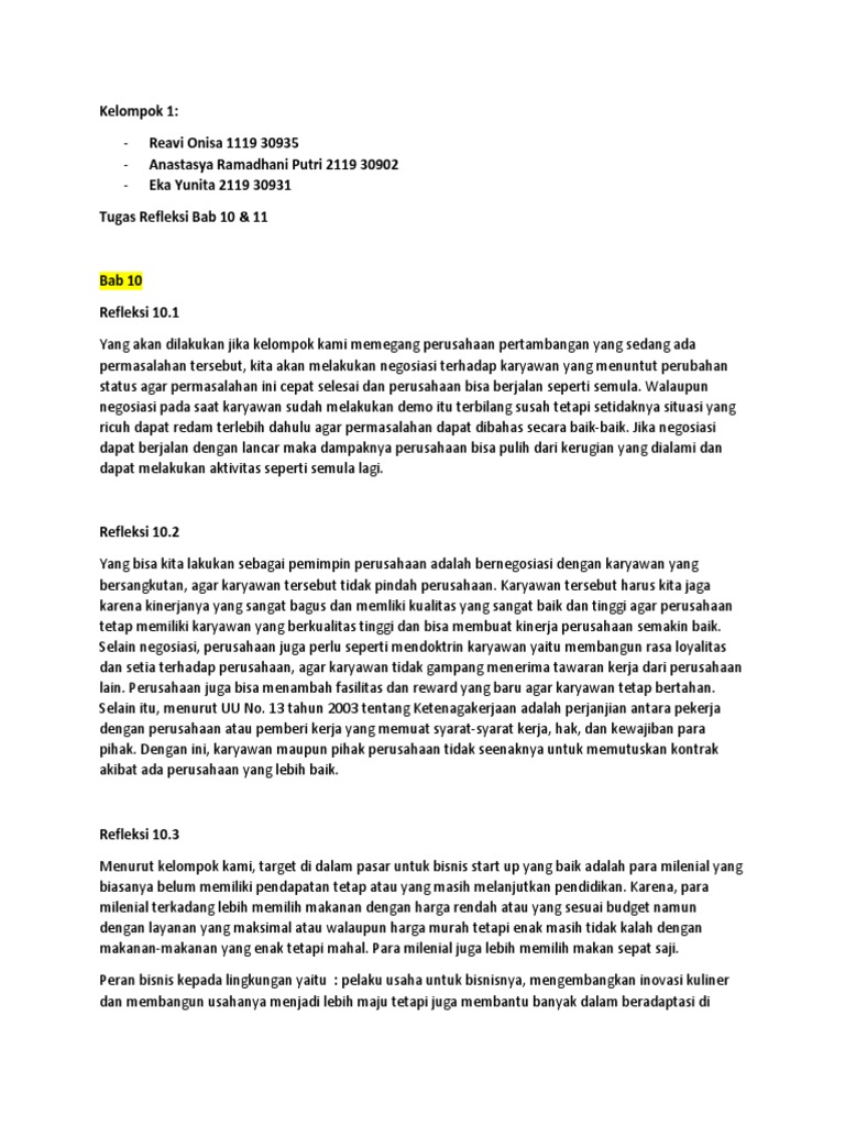 Kelompok 1 - Refleksi 10 & 11 - Etika Bisnis A1 | PDF | Bisnis