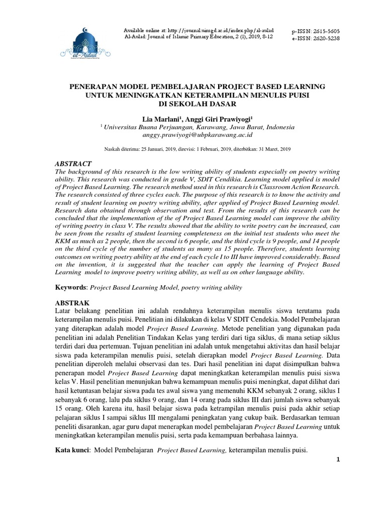 Penerapan Model Pembelajaran Project Based Learning Untuk Meningkatkan Keterampilan Menulis ...