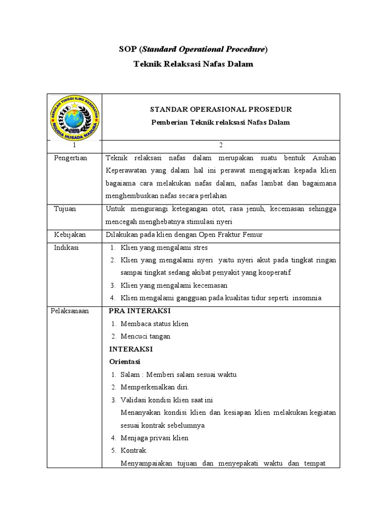 SOP (Standard Operational Procedure) Teknik Relaksasi Nafas Dalam | PDF