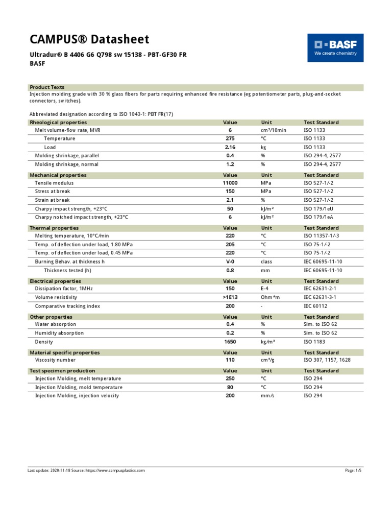 CAMPUS® Datasheet: Ultradur® B 4406 G6 Q798 SW 15138 - PBT-GF30 FR Basf ...