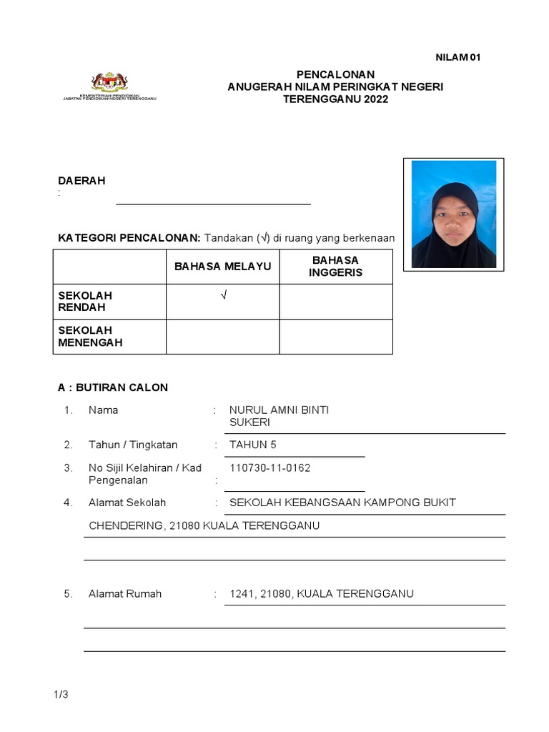 Borang Lampiran Tokoh Nilam BM SK Kampong Bukit Chendering Nurul Amni | PDF