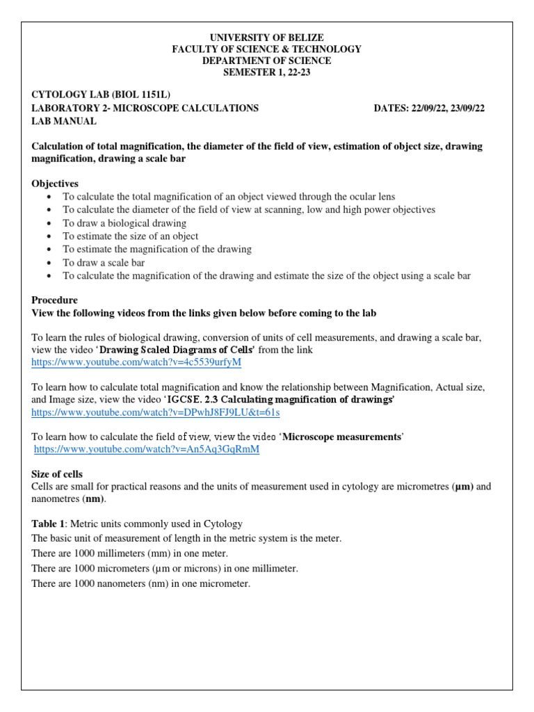 Lab 2, Microscope Calculations - Lab Manual, 22 Final Version | PDF | Microscope | Atomic