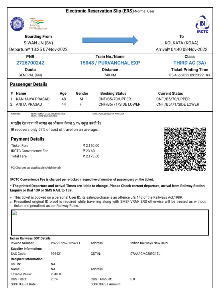 Purvanchal Exp Third Ac (3A) | PDF | Identity Document