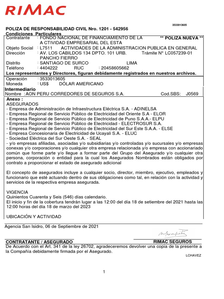 RC - 1201-542956 | PDF | Póliza de seguros | Seguro