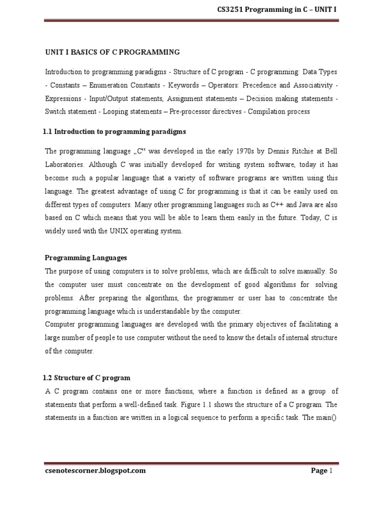 UNIT I Basics of C Programming | PDF | Control Flow | Computer Programming