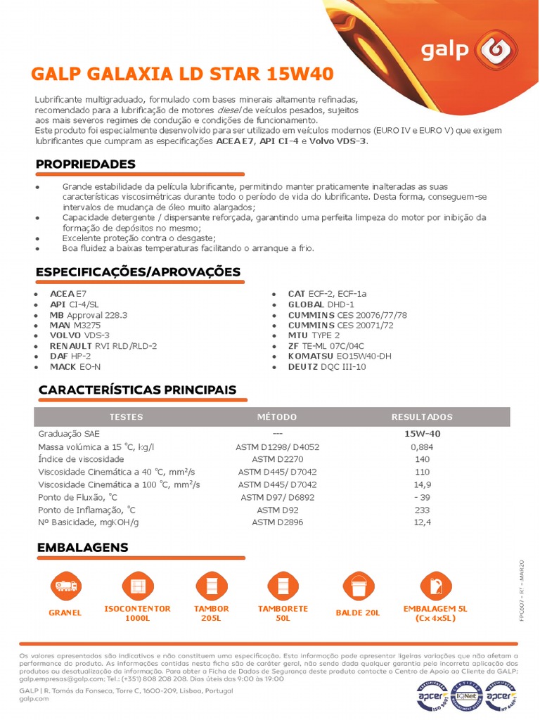 0002a181 PT - Galp Galaxia LD Star - FPC607 - R7 - Mar20 | PDF | Óleo de motor | Óleos