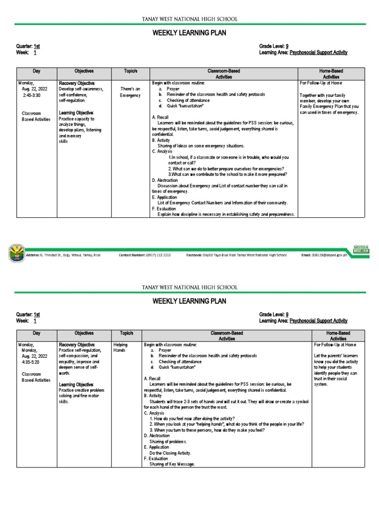 Weekly Learning Plan: Quarter: 1st Grade Level: 9 Week: 1 Learning Area ...