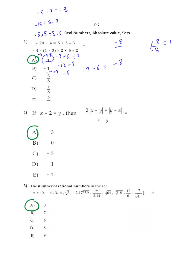 P2 Real Numbers, Absolute Value, Sets | Download grátis PDF | Numbers | Real Number