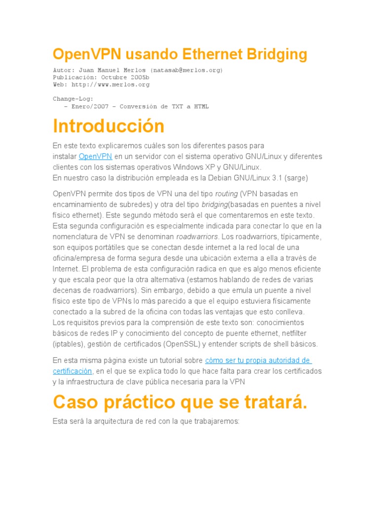OpenVPN TAP Usando Ethernet Bridging | PDF | Dirección IP | Estándares de red